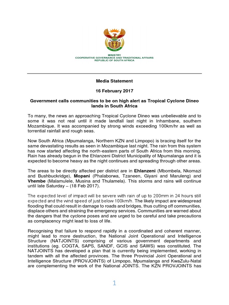 COGTA Statement - Tropical Cyclone Dineo in South Africa | PDF ...