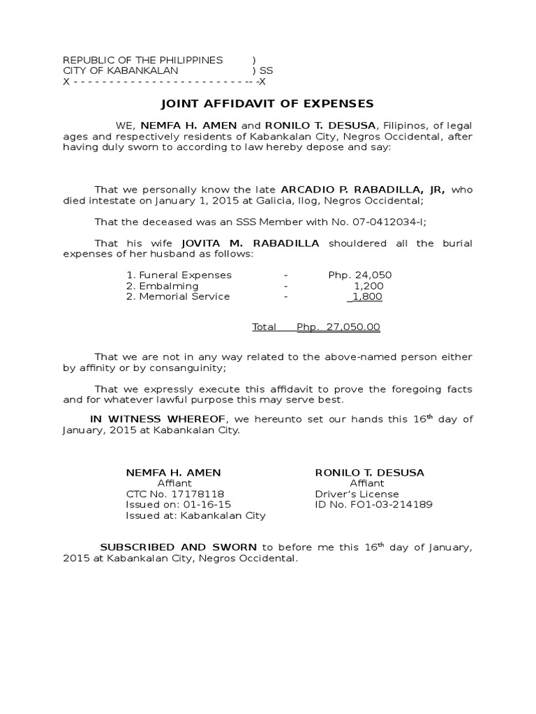 Affidavit of Funeral Expenses | PDF