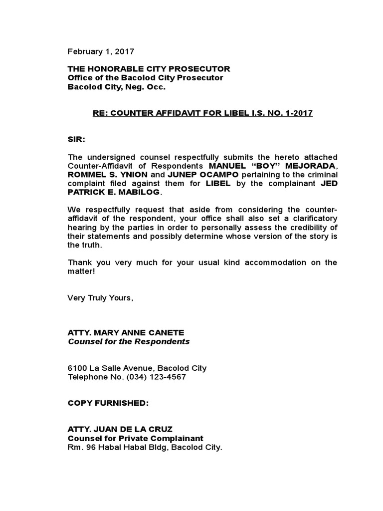 Counter Affidavit LIBEL | Defamation | Affidavit