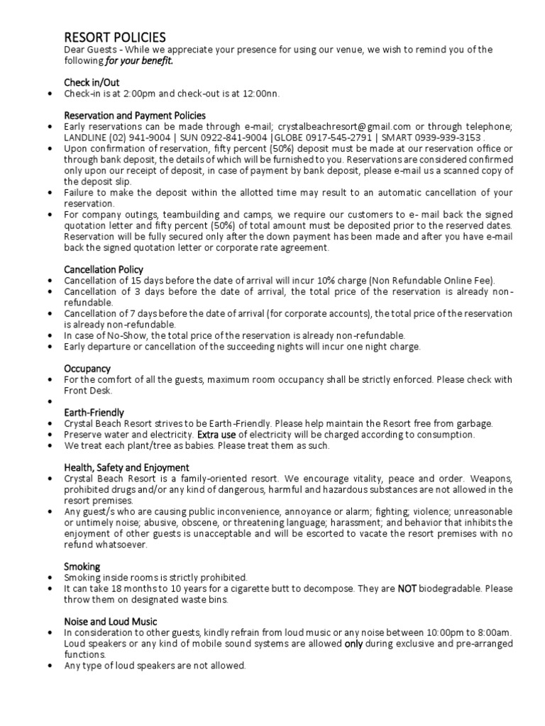 Resort Policies.2016 | Download Free PDF | Deposit Account | Business