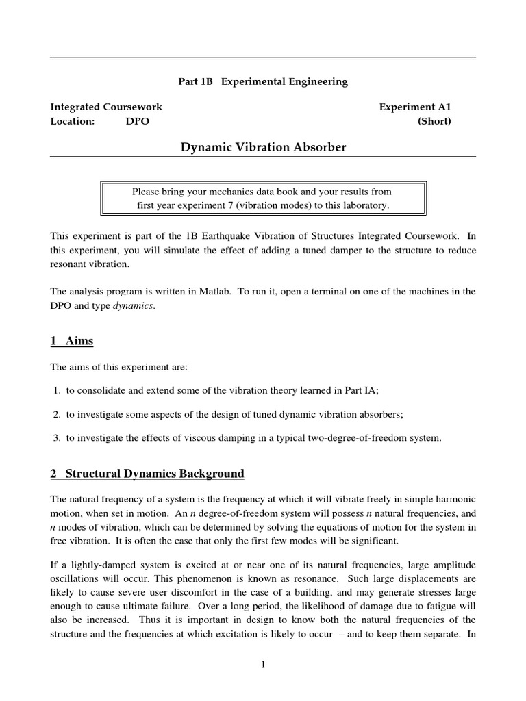 Experiment A1 - Vibration Absorber - AR Copy September2008 | PDF | Resonance | Normal Mode