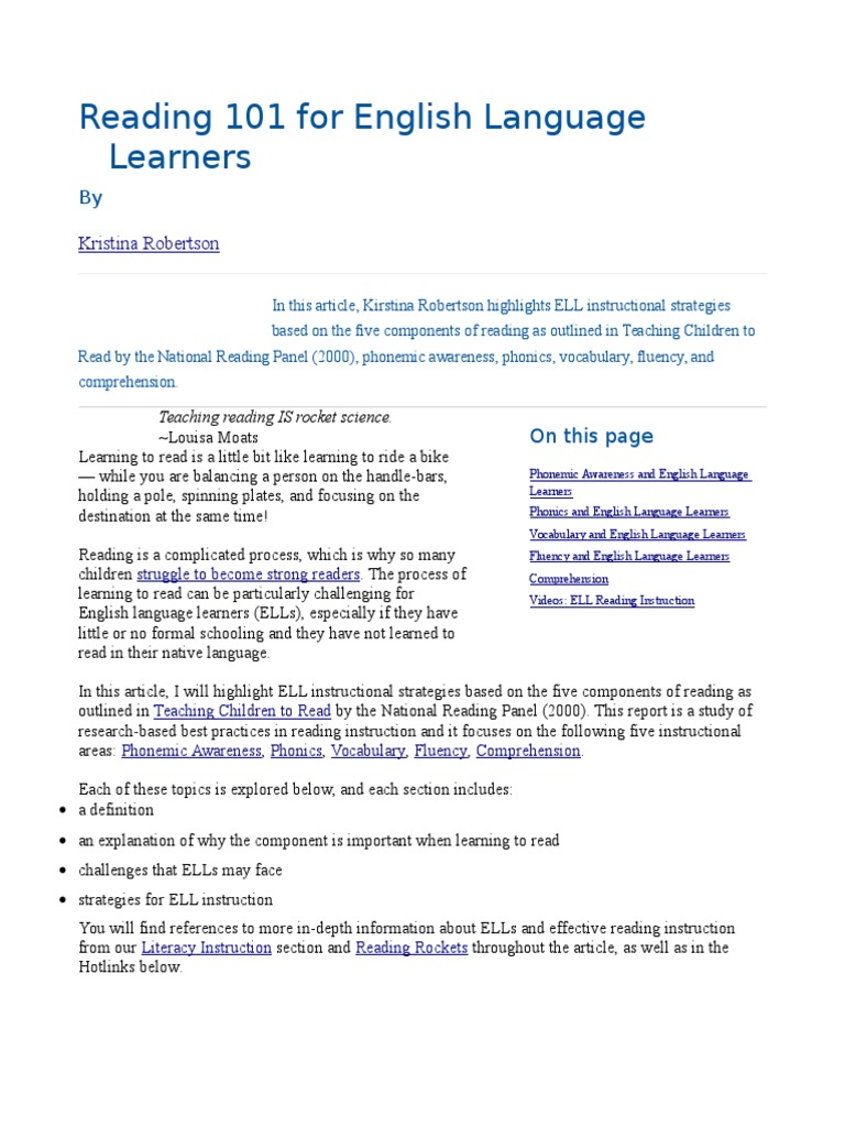 Reading 101 For English Language Learners | PDF | Phonics | Reading ...