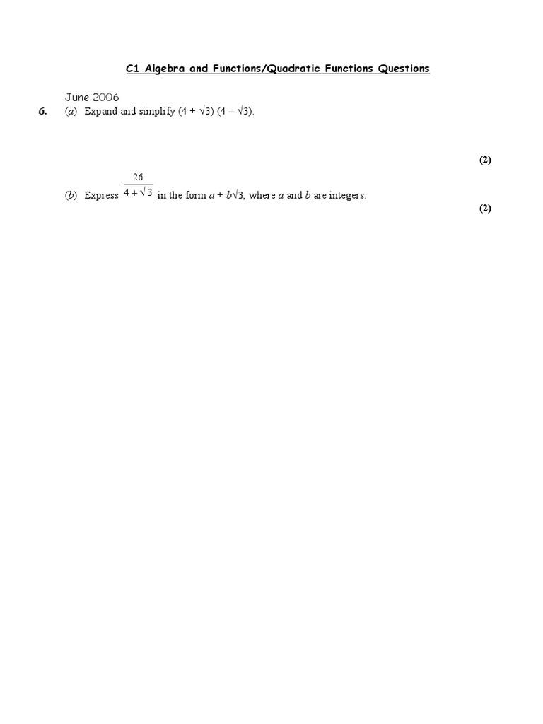 2) C1 Algebra and Functions and Quadratic Functions Questions | PDF ...