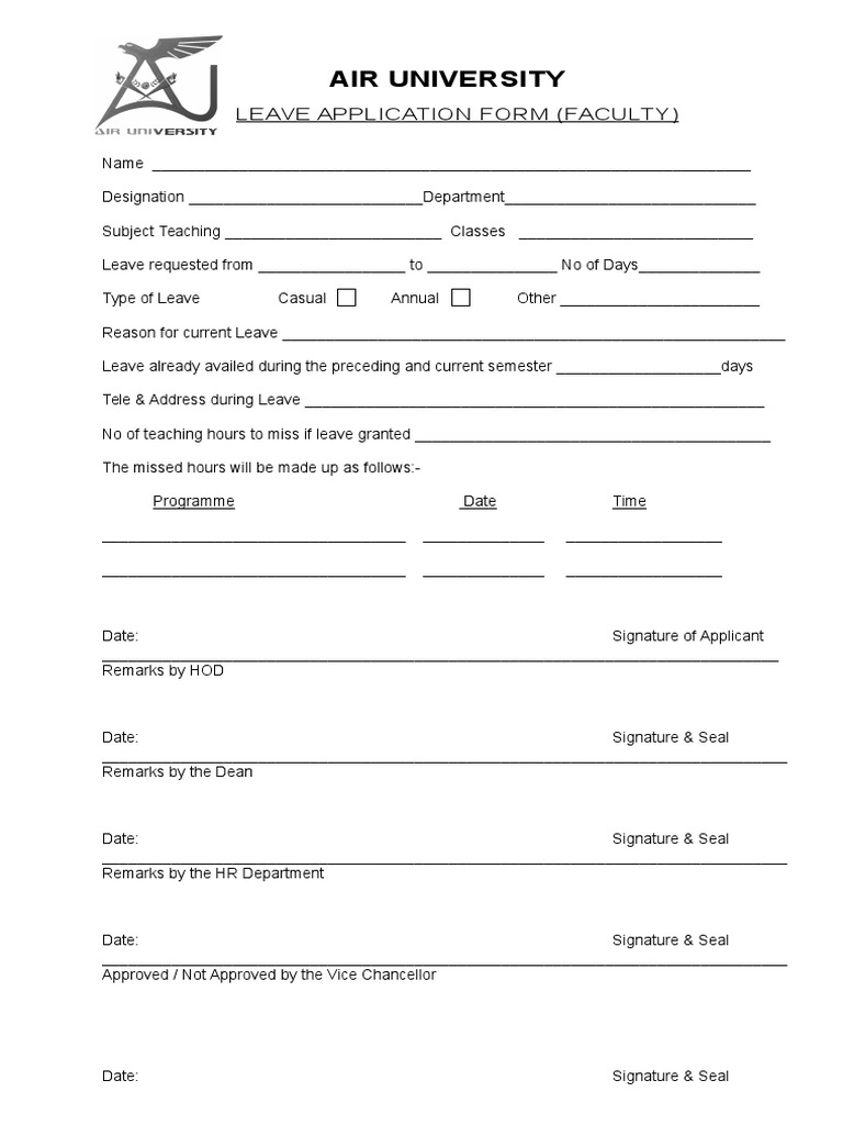 Air University: Leave Application Form (Faculty) | PDF