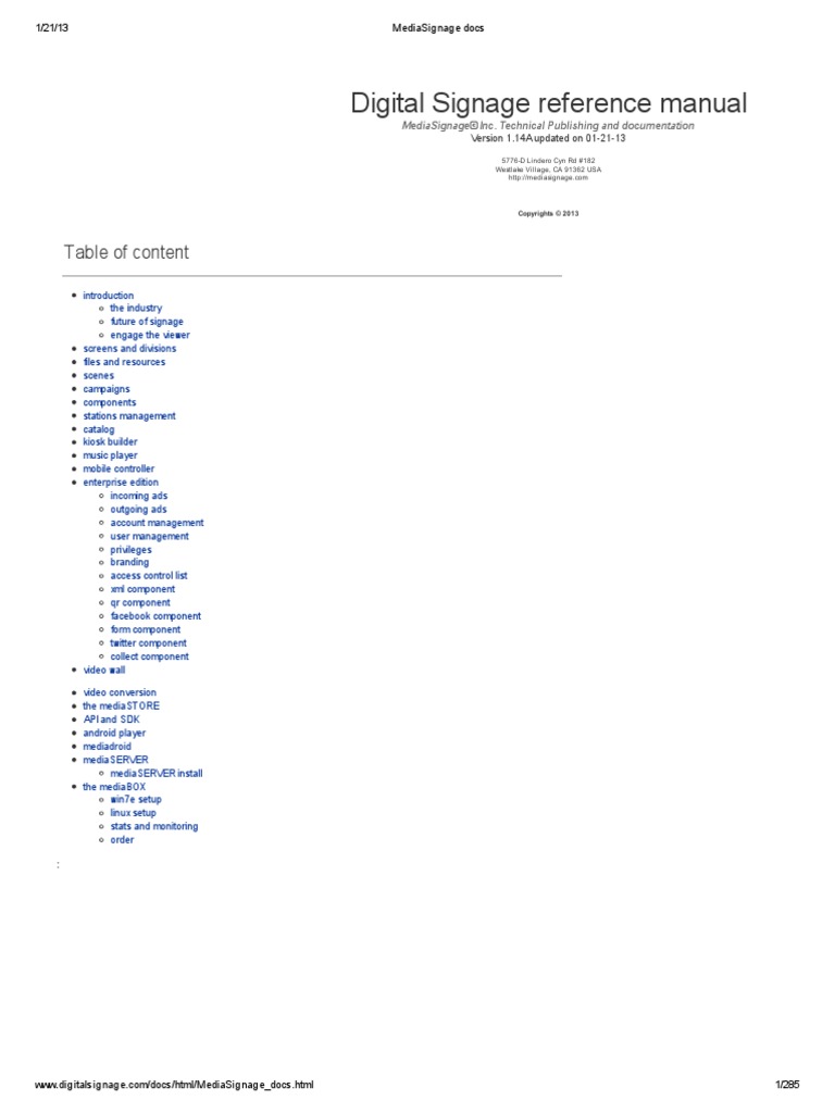 Digital Signage reference manual: Table of content