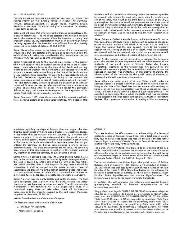 The Efficaciousness of a Devise of Ricelands to the Testator's Nearest ...