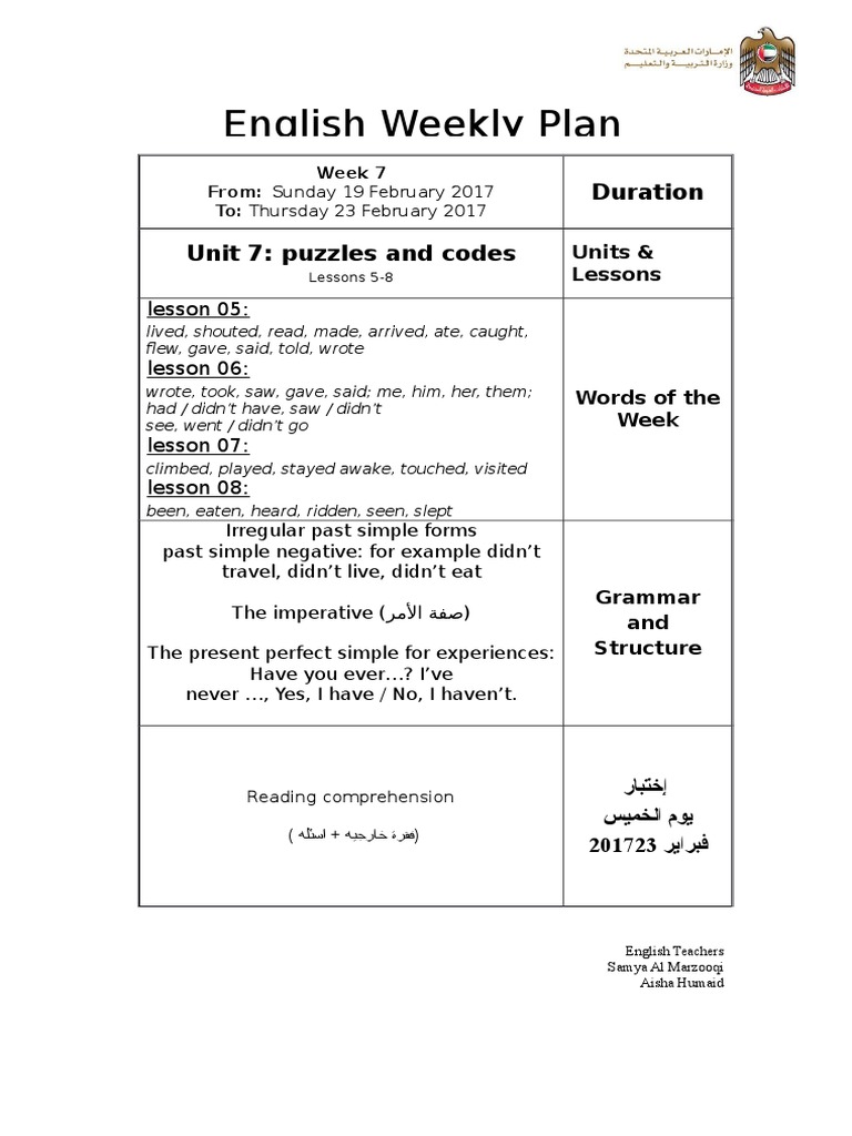 Weekly Plan - Week 7 | PDF