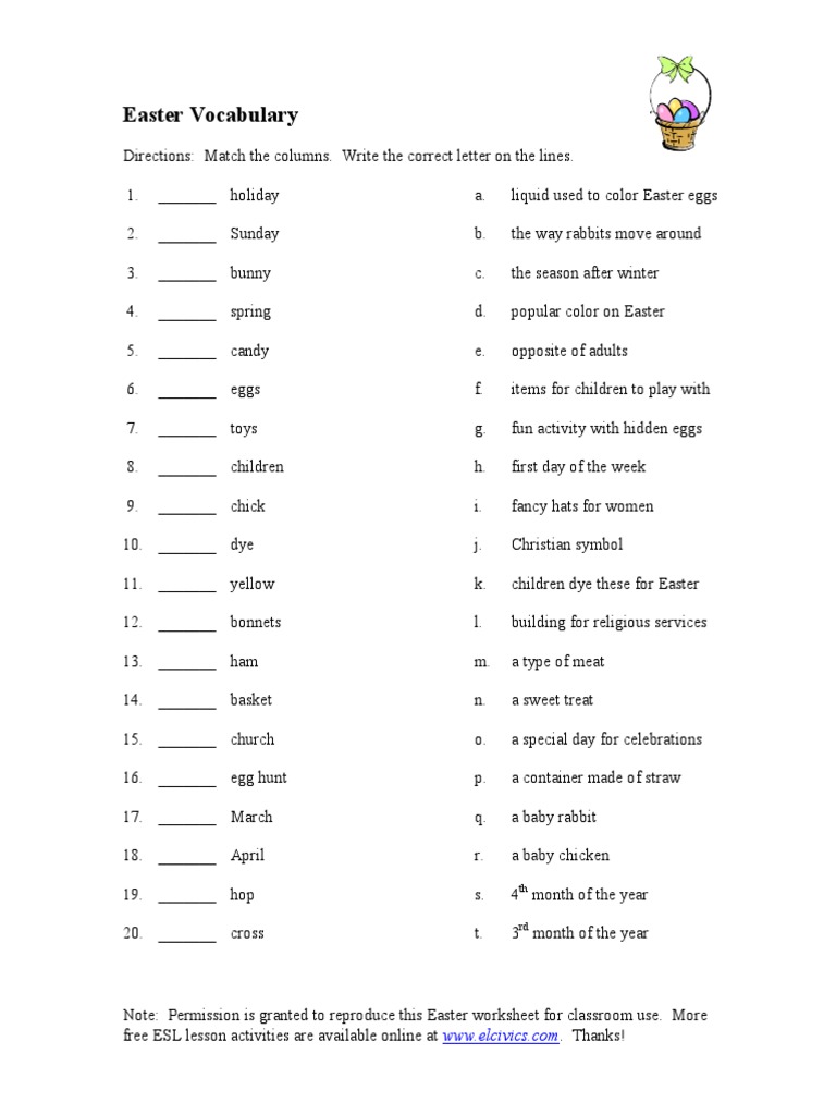 Easter Vocabulary Worksheet PDF | PDF | Language Arts & Discipline ...