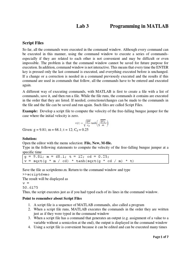 Lab 3 Programming In Matlab Pdf Matrix Mathematics Matlab 1774