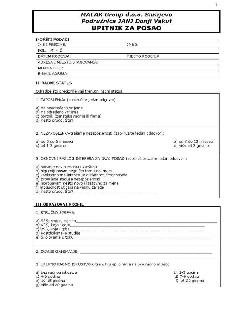 Upitnik Za Posao MALAK Group | PDF