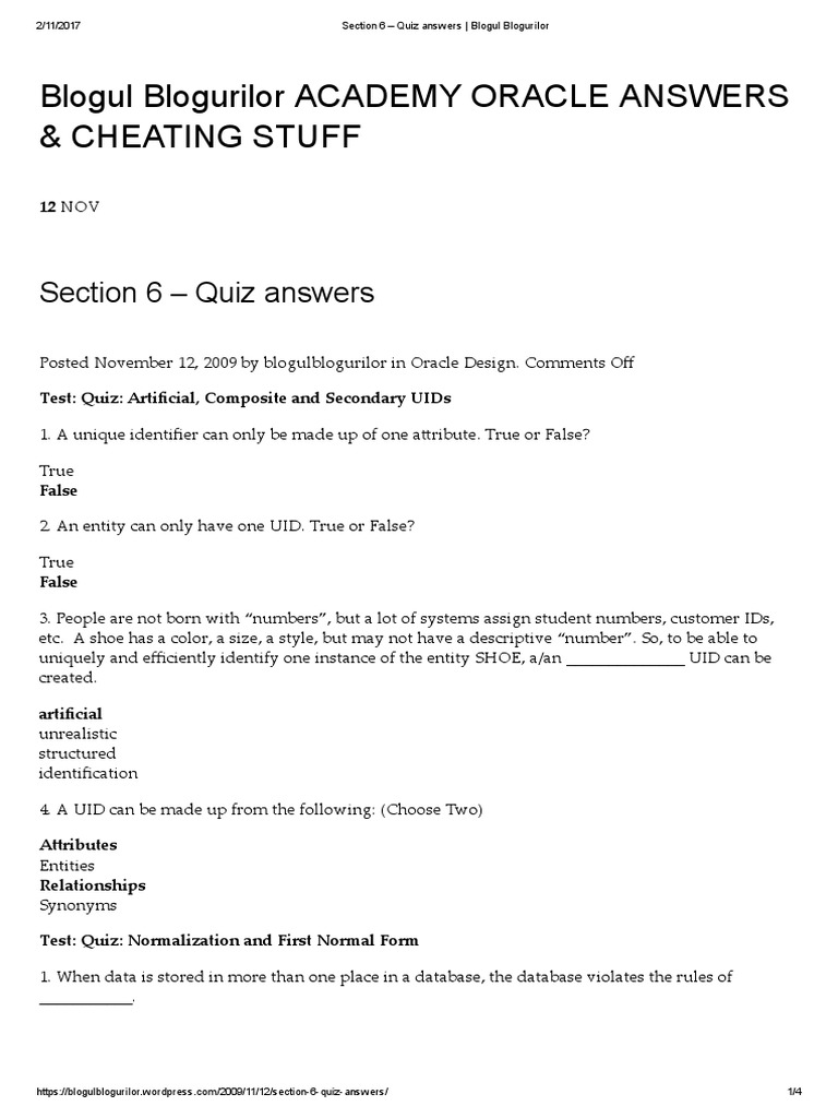 Oracle Quiz Answer Section 6 Pdf Databases Information Technology Management 