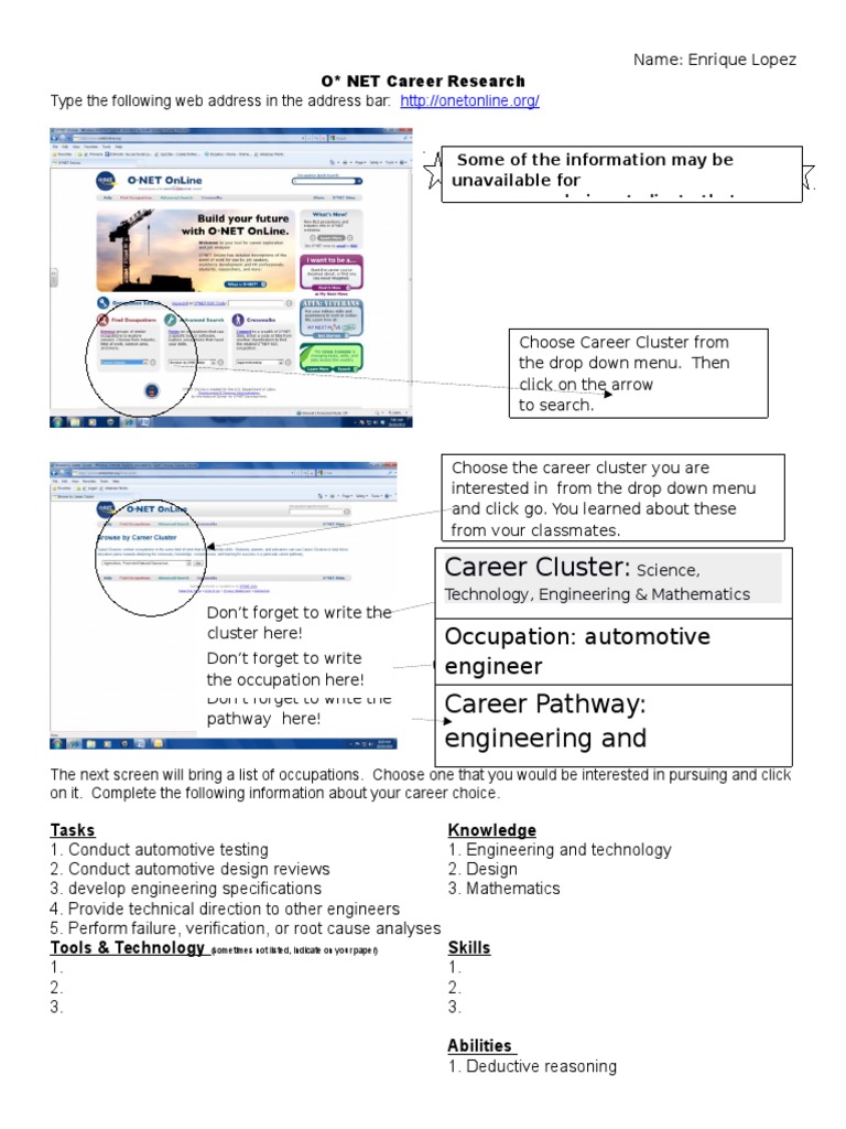 Onet Research Worksheet 1 1 | PDF | Employment | Engineering