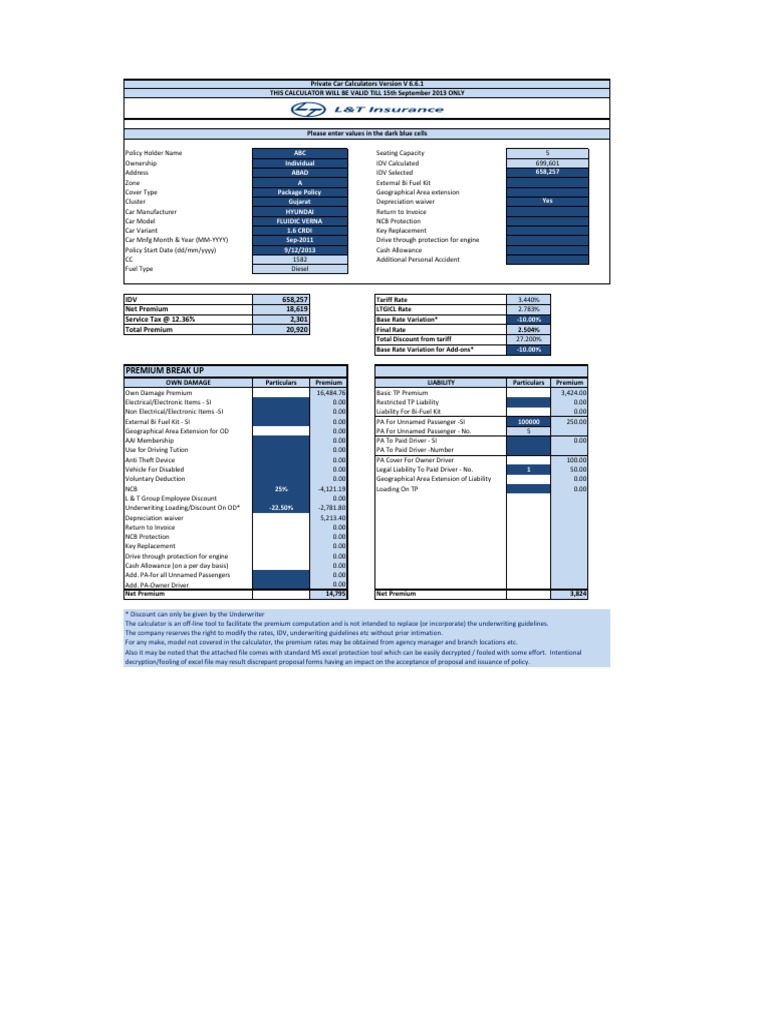 Calc of Verna With Nildep | Download Free PDF | Insurance | Car