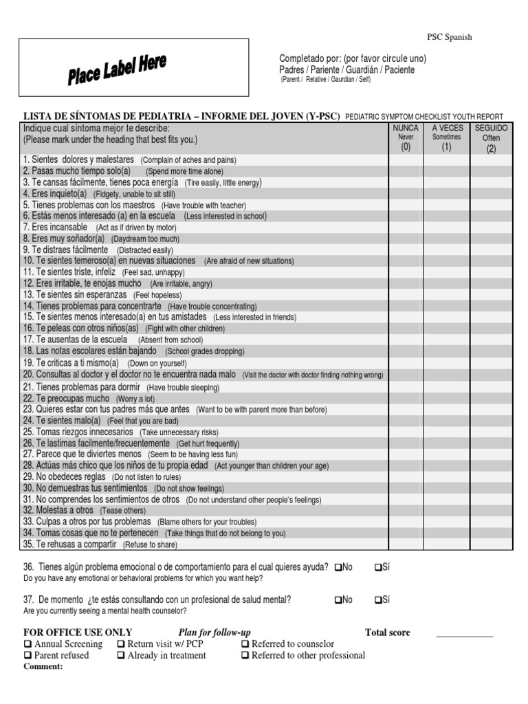 PSC Y Youth Self Report Spanish (1) | Psicología Aplicada | Psicología ...