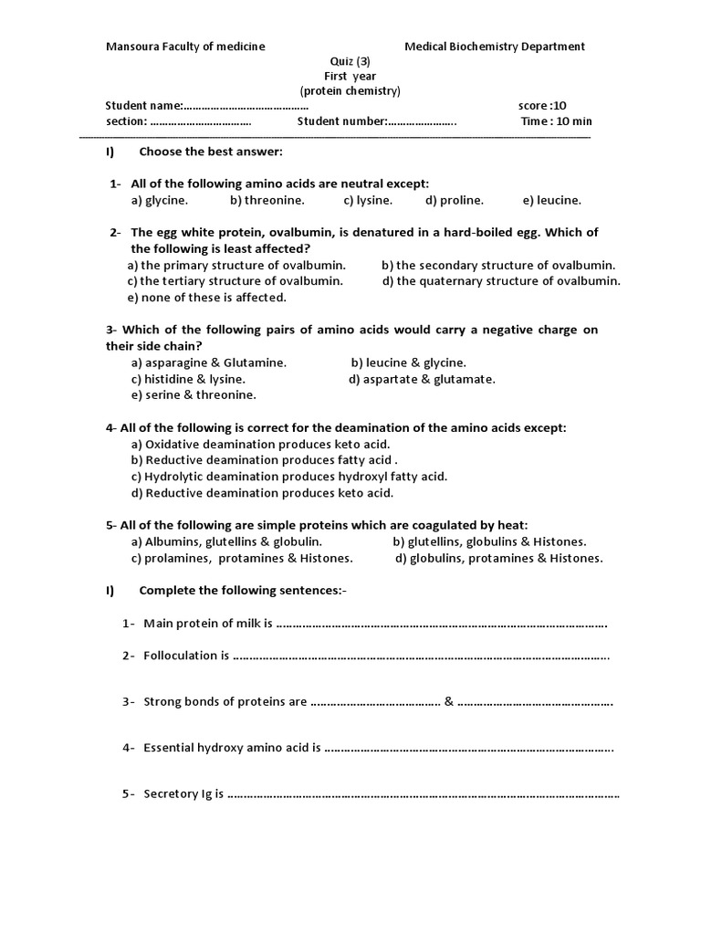 Protein Chemistry Section Exam | PDF | Cysteine | Proteins