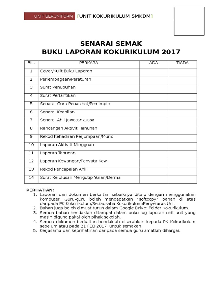 Senarai Semak Buku Laporan Unit Kokurikulum 2016 | PDF Senarai Semak Buku Laporan Unit Kokurikulum 2016 | PDF