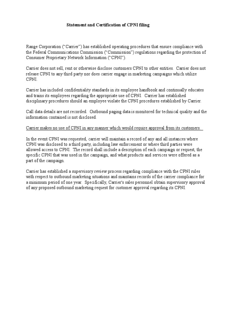 Statement and Certification of CPNI | PDF