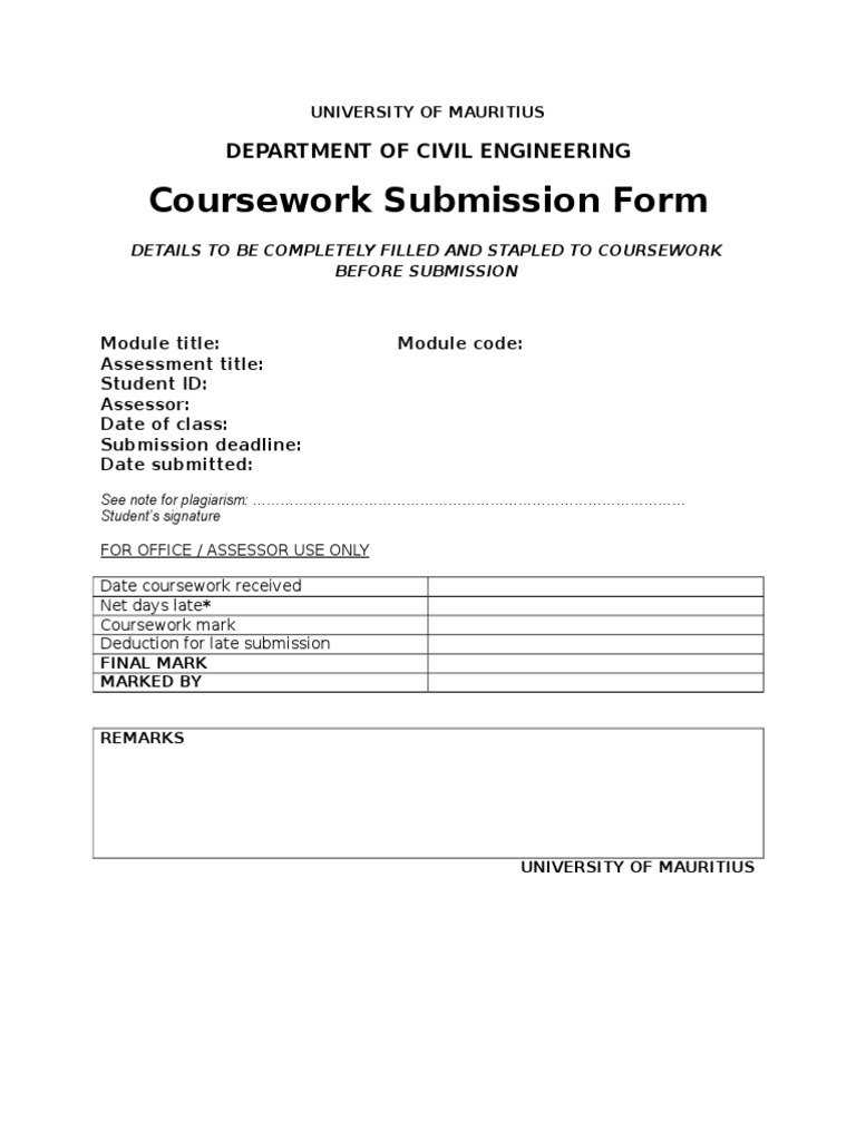 University of Mauritius Coursework Form | PDF