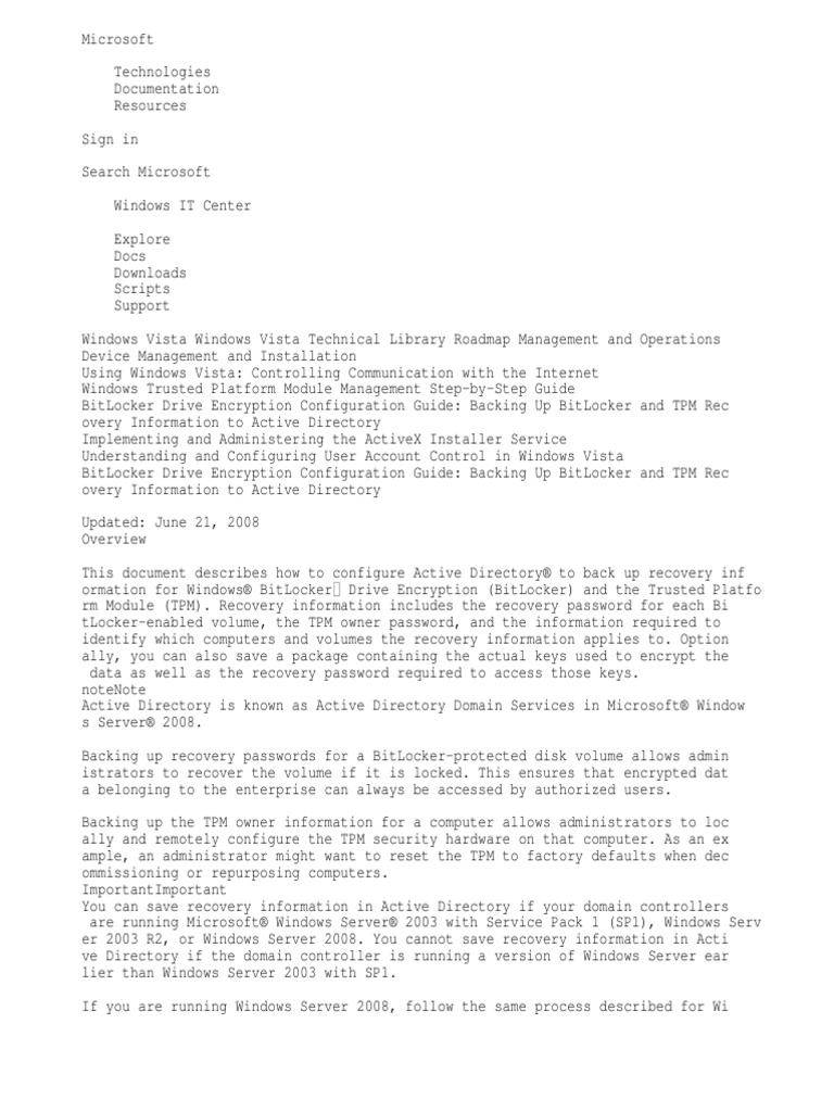 BitLocker Drive Encryption Configuration Guide Backing Up BitLocker and ...