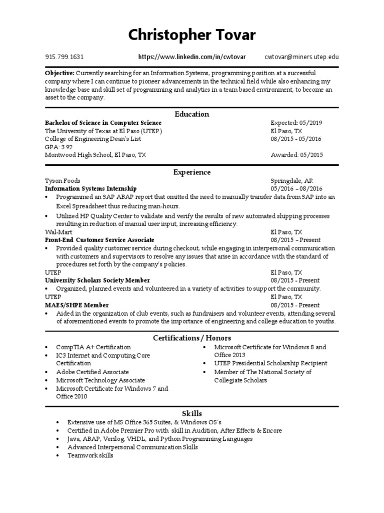 Christopher Tovar Resume Only | PDF | Microsoft Excel | Information System