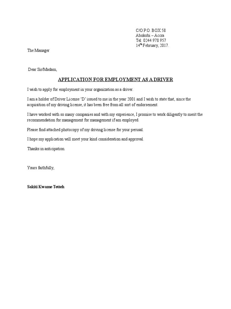 Driver Employment Application Letter | PDF