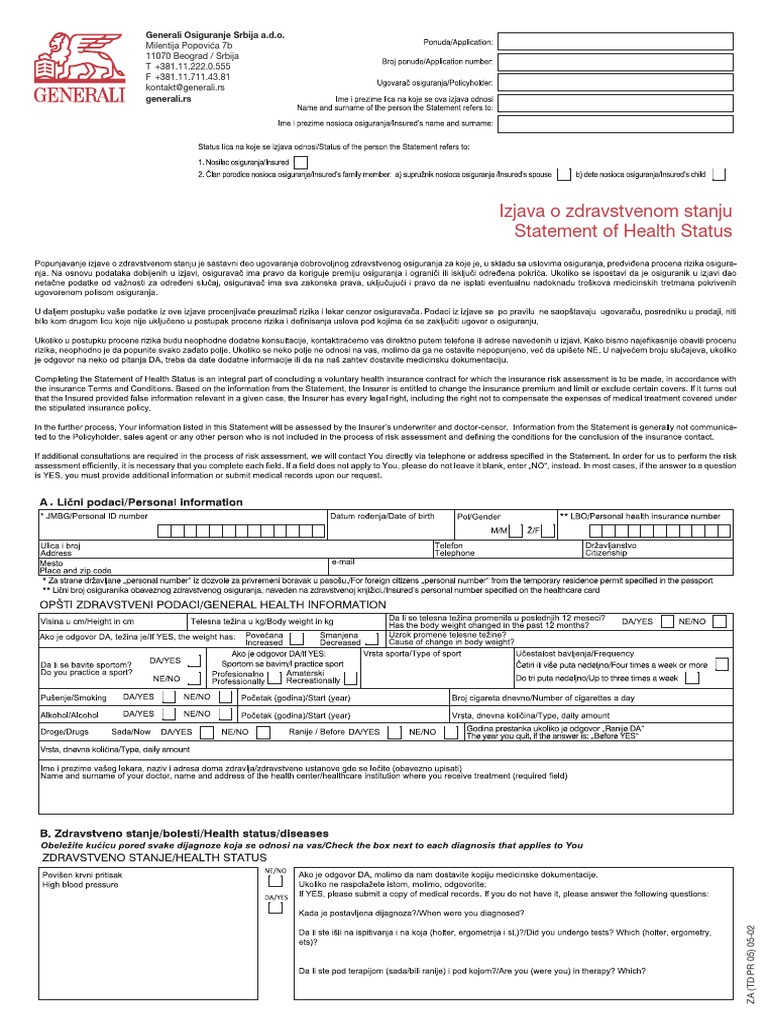Izjava o Zdravstvenom Stanju | Insurance | Risk