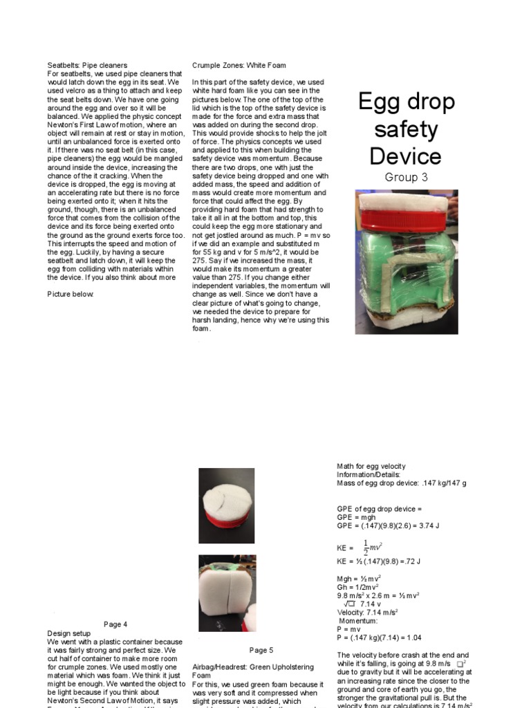 Egg Drop Safety Device Design | PDF | Force | Mass