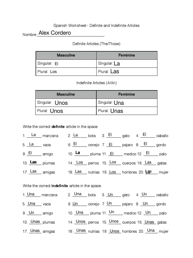 Definite - Indefinite Articles Worksheet-1 PDF | PDF | Deportes | Ocio