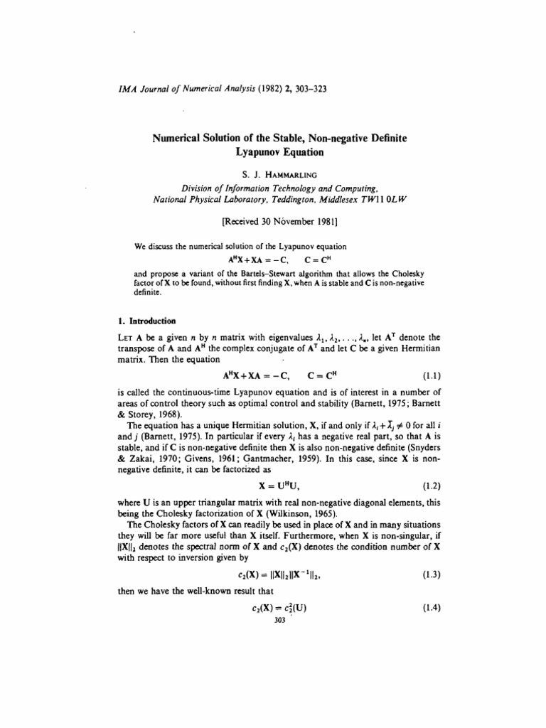 Numerical Solution of The Stable, Non-Negative Definite Lyapunov ...