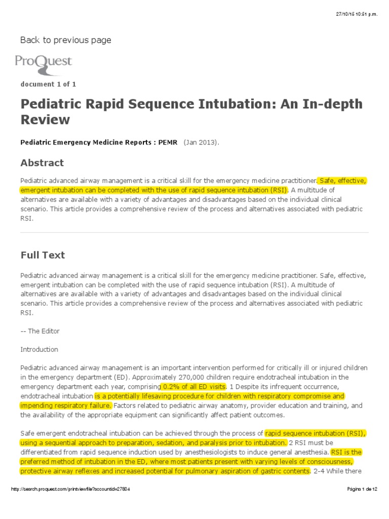 Pediatric Rapid Sequence Intubation - An In-Depth Review | PDF ...