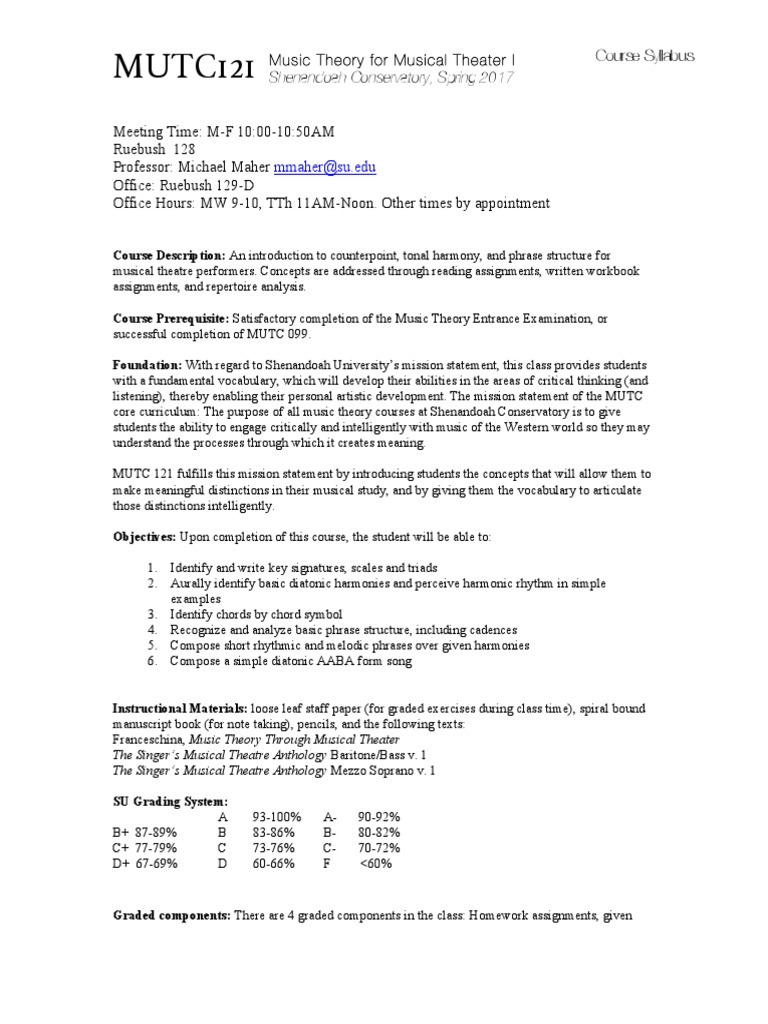 MUTC121: Music Theory For Musical Theater I Course Syllabus | PDF ...