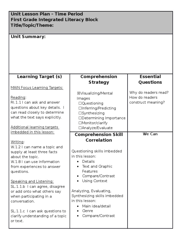 Unit Lesson Plan - Time Period First Grade Integrated Literacy Block ...