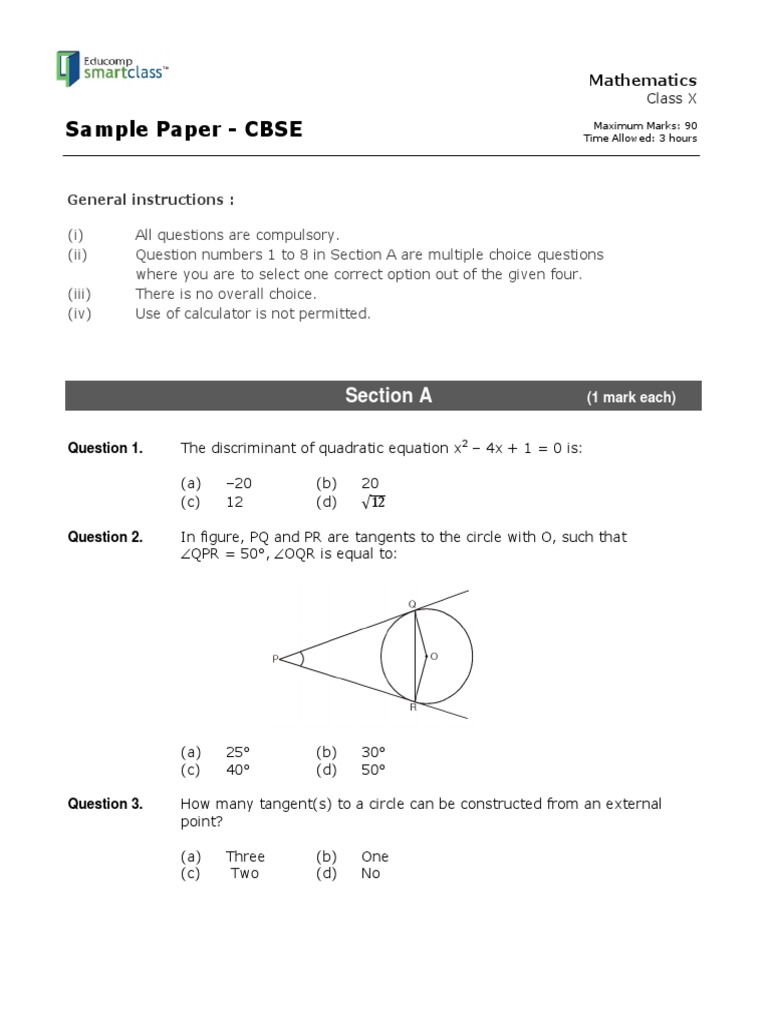 Sample Paper - CBSE: Section A | PDF