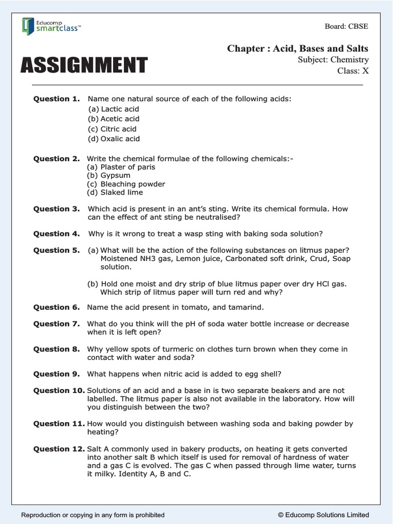 Assignment: Chapter: Acid, Bases and Salts | PDF