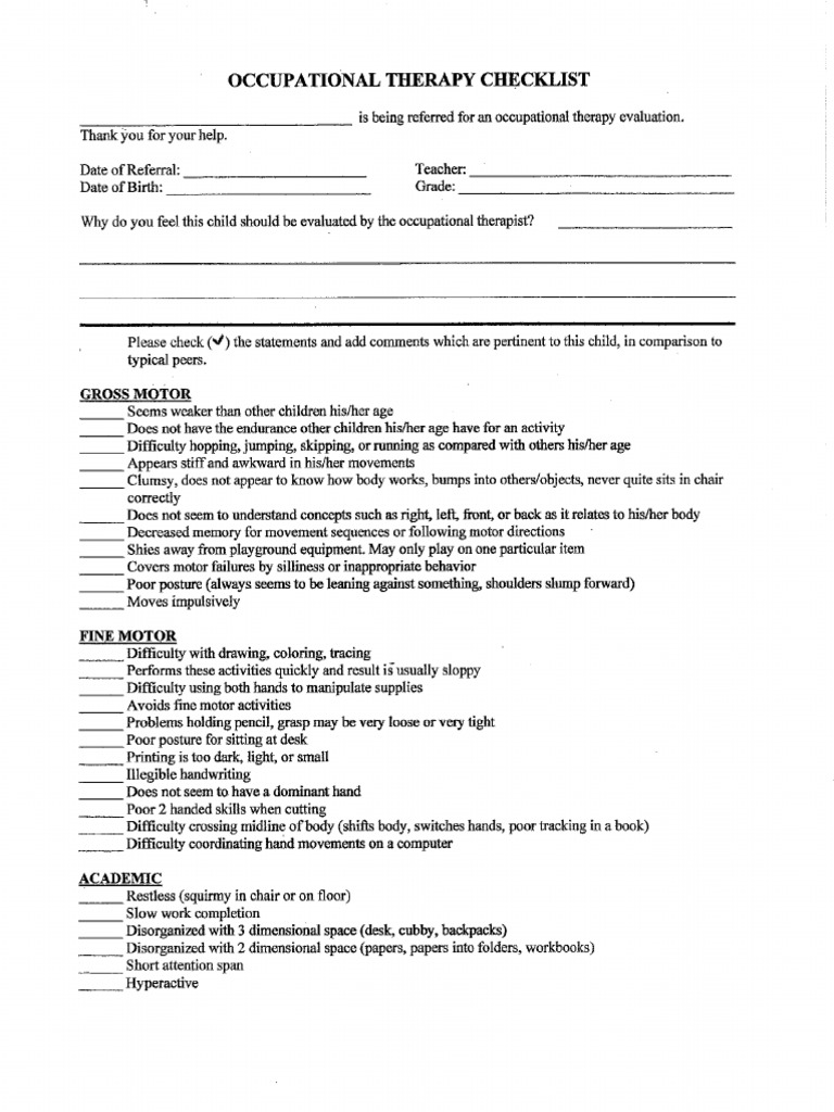 Occupational Therapy Checklist | PDF