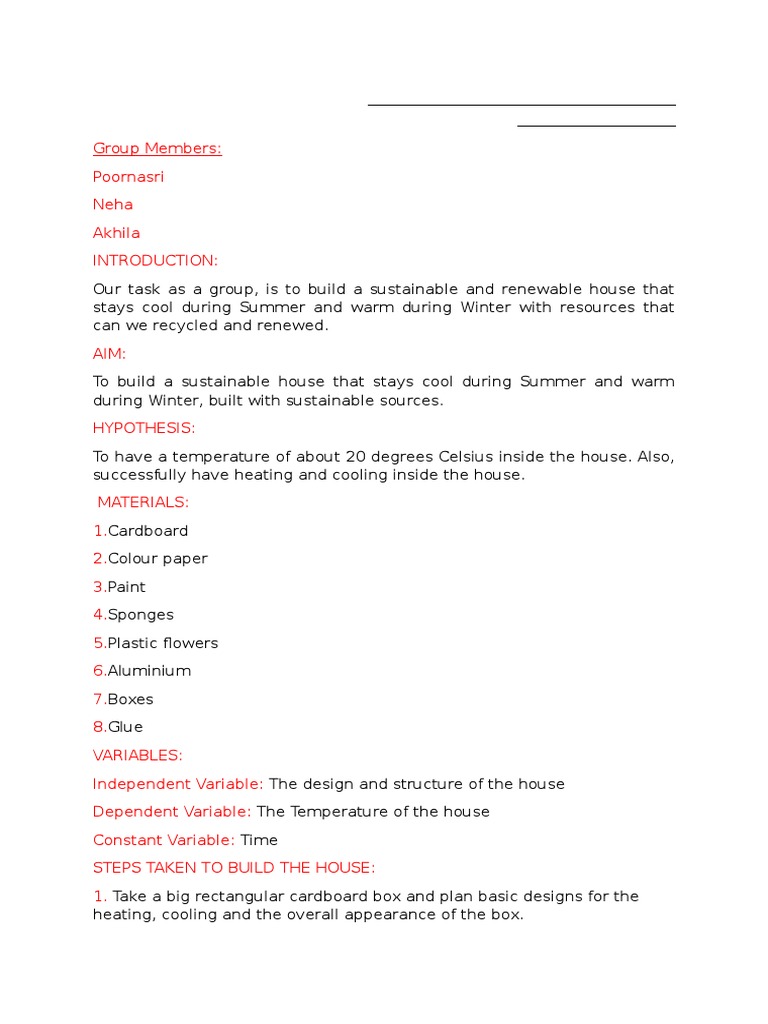 Science Report Renewable House Akhila Krishna 7C | PDF | Paper | Hvac