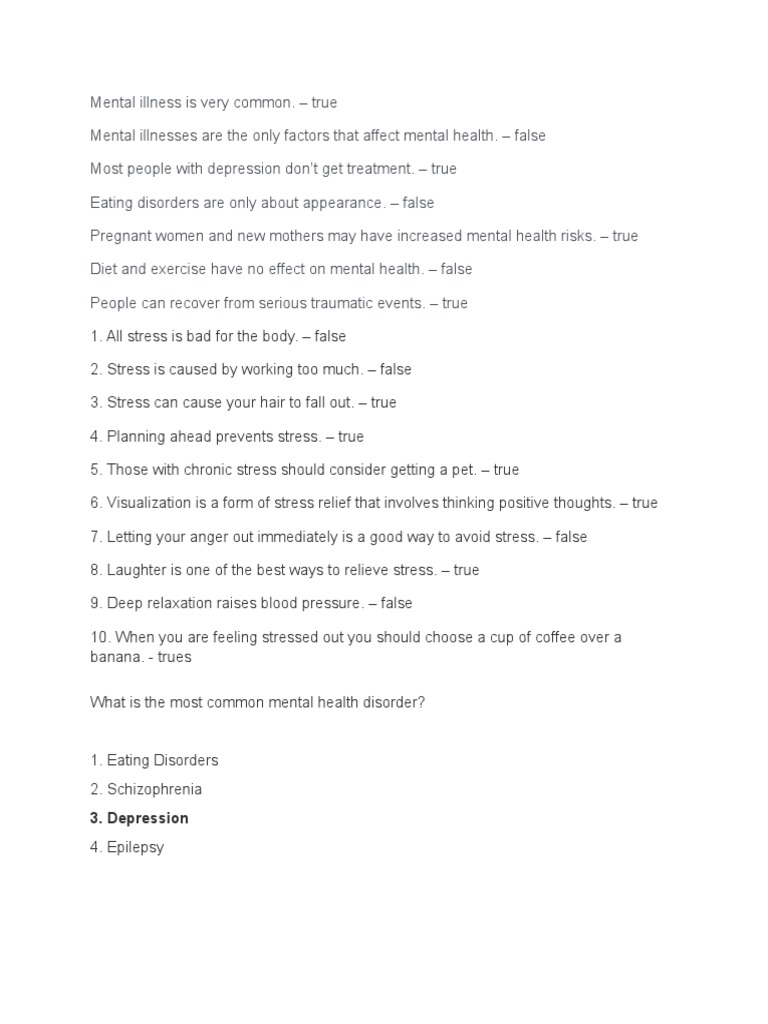 Mental Illness Test Questions | PDF | Stress (Biology) | Mental Disorder