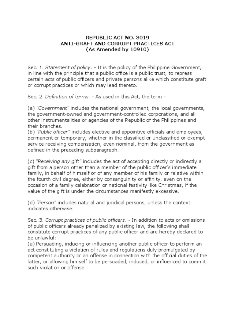 RA 3019 - Anti-Graft and Corrupt Practices Act | PDF | Asset Forfeiture ...