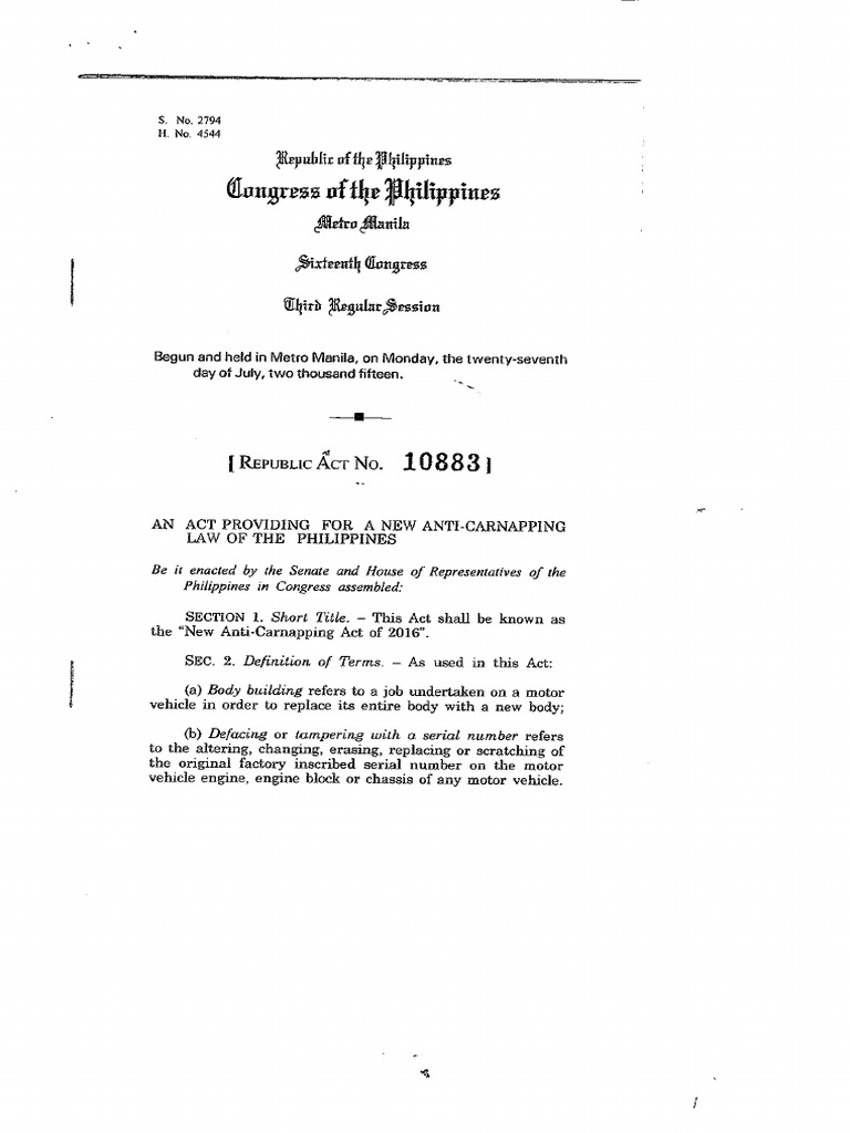 RA 10883 - The New Anti-Carnapping Act of 2016 | PDF | Vehicles | Repeal