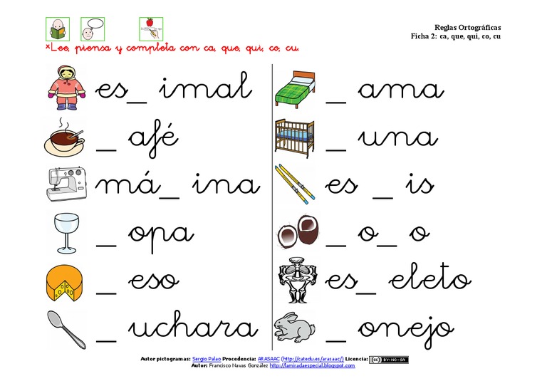 Ficha 2 - Reglas Ortográficas: Ca, Que, Qui, Co, Cu (ARASAAC) | PDF