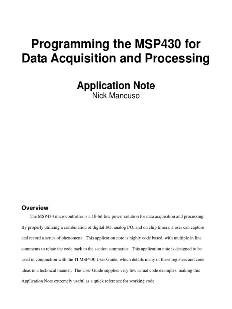 Programming The MSP430 For Data Acquisition and Processing: Application Note | PDF | Analog To ...