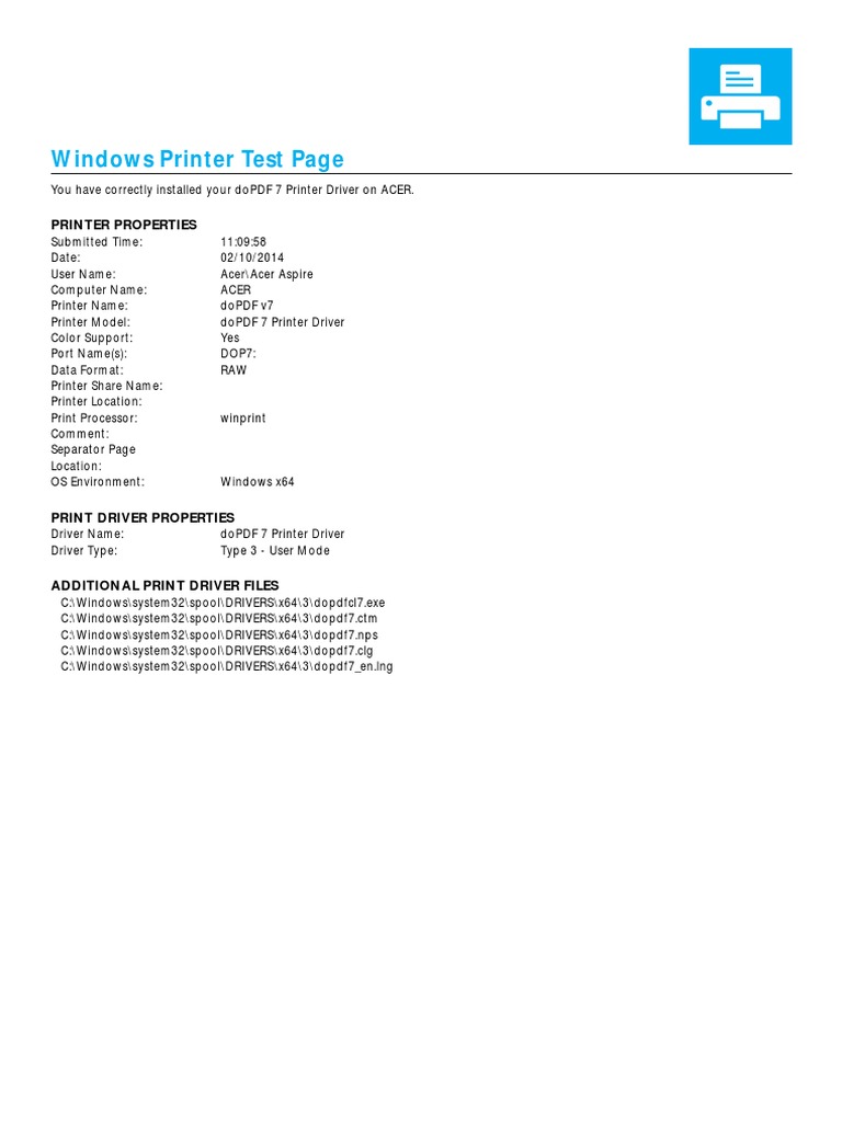 Windows Printer Test Page for doPDF 7 Printer Driver | PDF