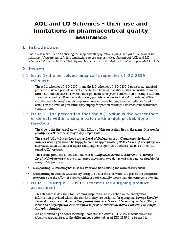 AQL and LQ in Pharma Quality Assurance | PDF | Sample Size ...