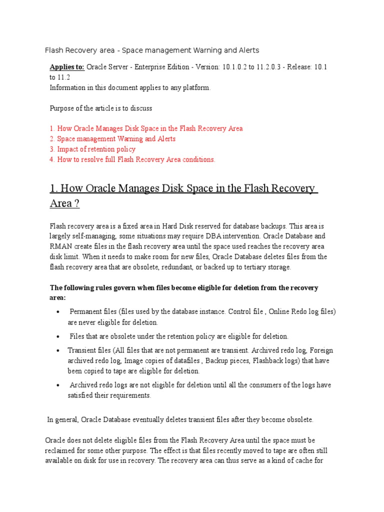 Flash Recovery Area - Space Management Warning and Alerts | PDF ...