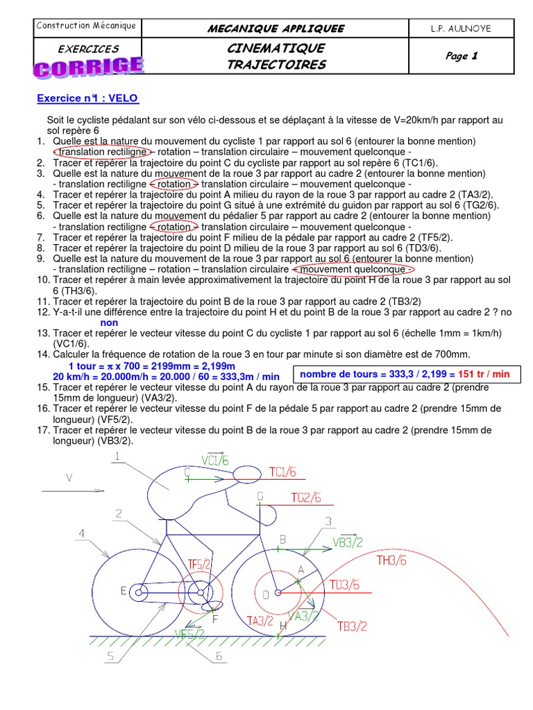 Exercices Cinmatique Trajectoires Vlo Cric Corrig | PDF
