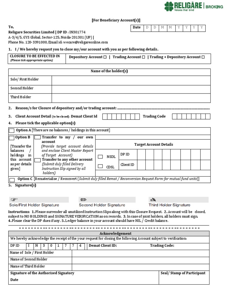 Religare Account Closure Application | PDF | Service Industries ...