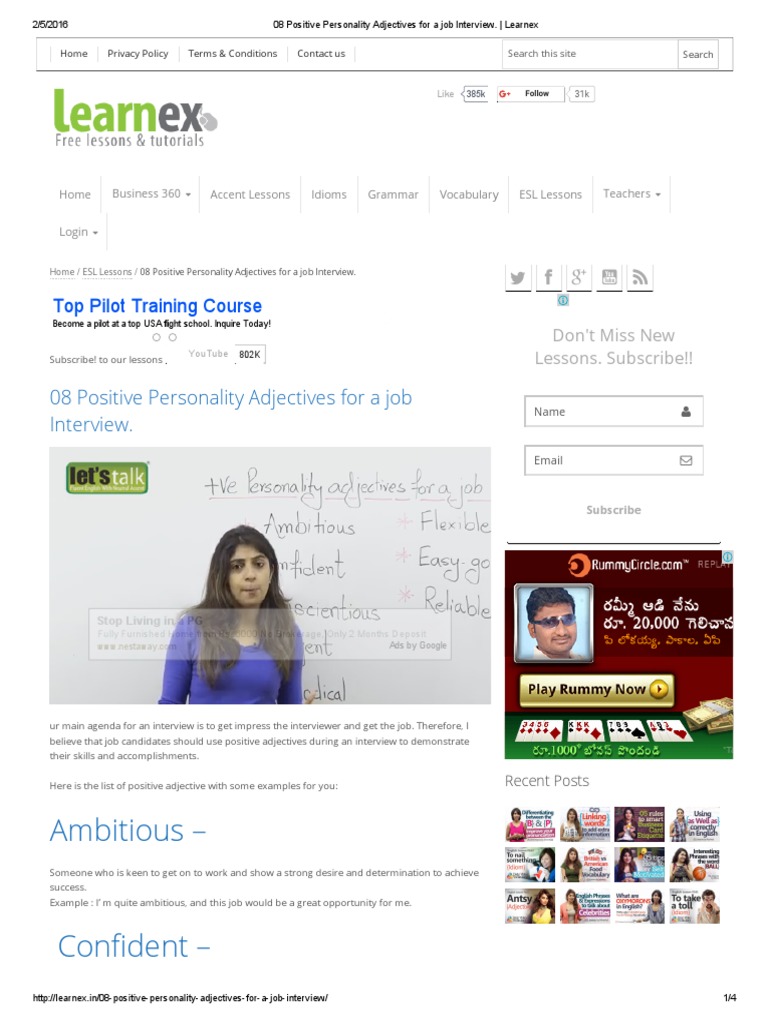 08 Positive Personality Adjectives For A Job Interview | PDF