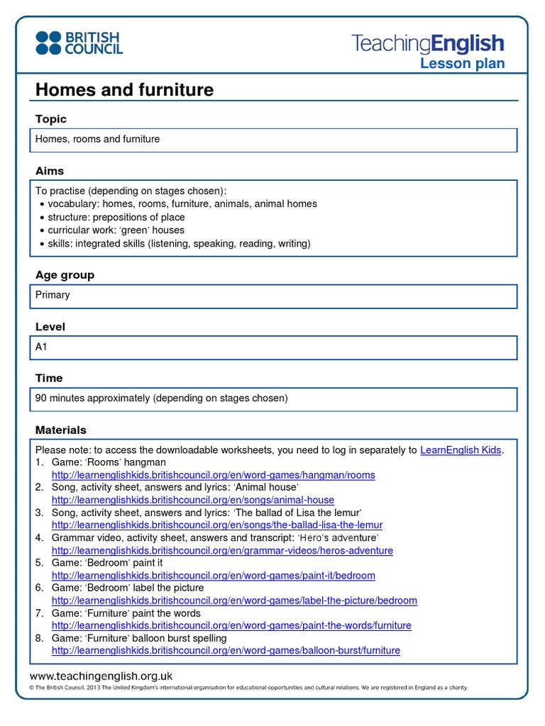 Lesson Plan - Homes and Furniture PDF | PDF | Lesson Plan | Vocabulary