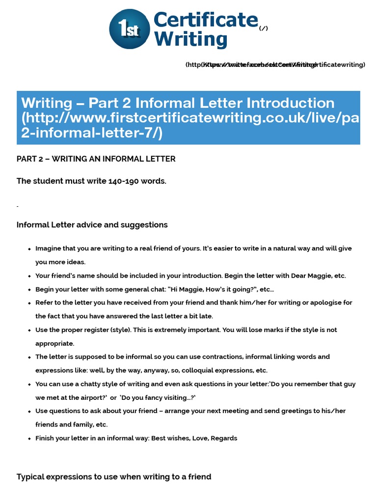 Writing - Part 2 Informal Letter Introduction - First Certificate ...