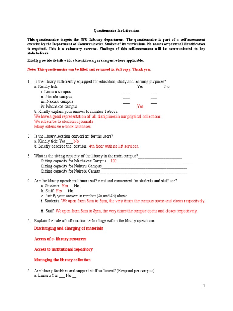 Library Self-Assessment Questionnaire | PDF
